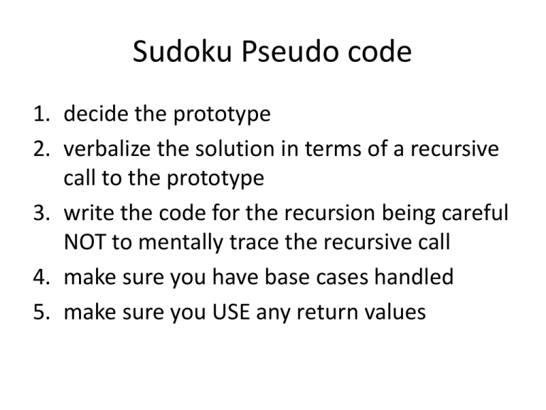 Sudoku Solver: Recursive Pseudo Code