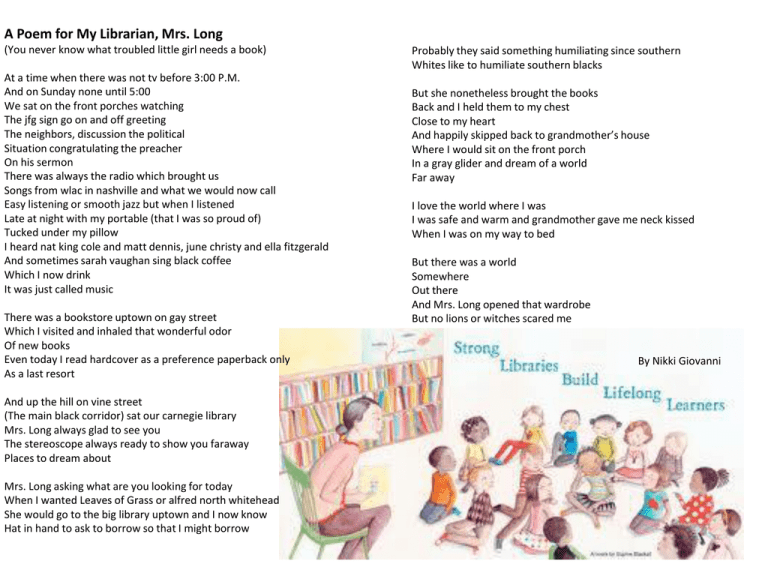 A Poem for My Librarian, Mrs. Long by Nikki Giovanni