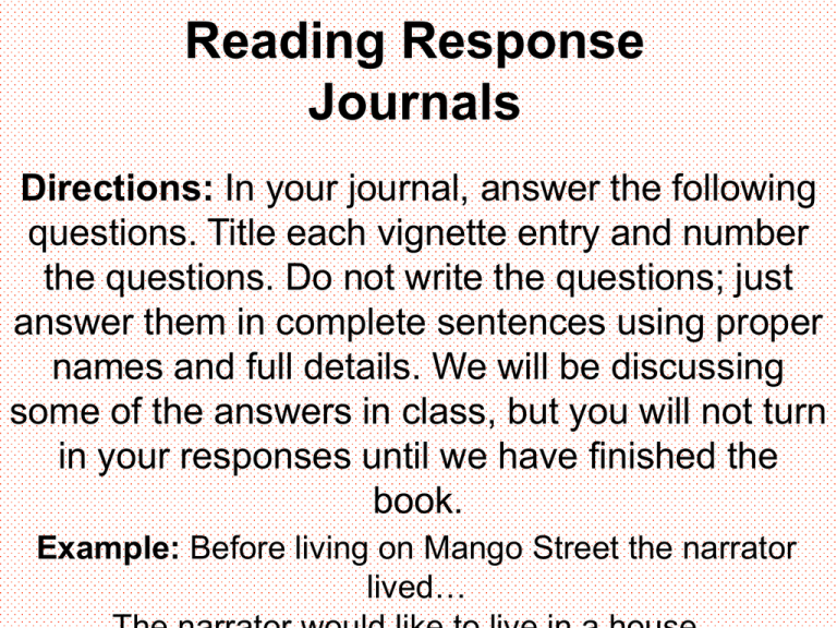 The House on Mango Street Reading Response Journal