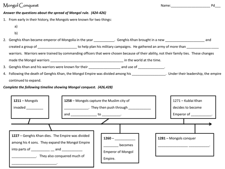 Mongol Worksheet - Kaimuki Middle School
