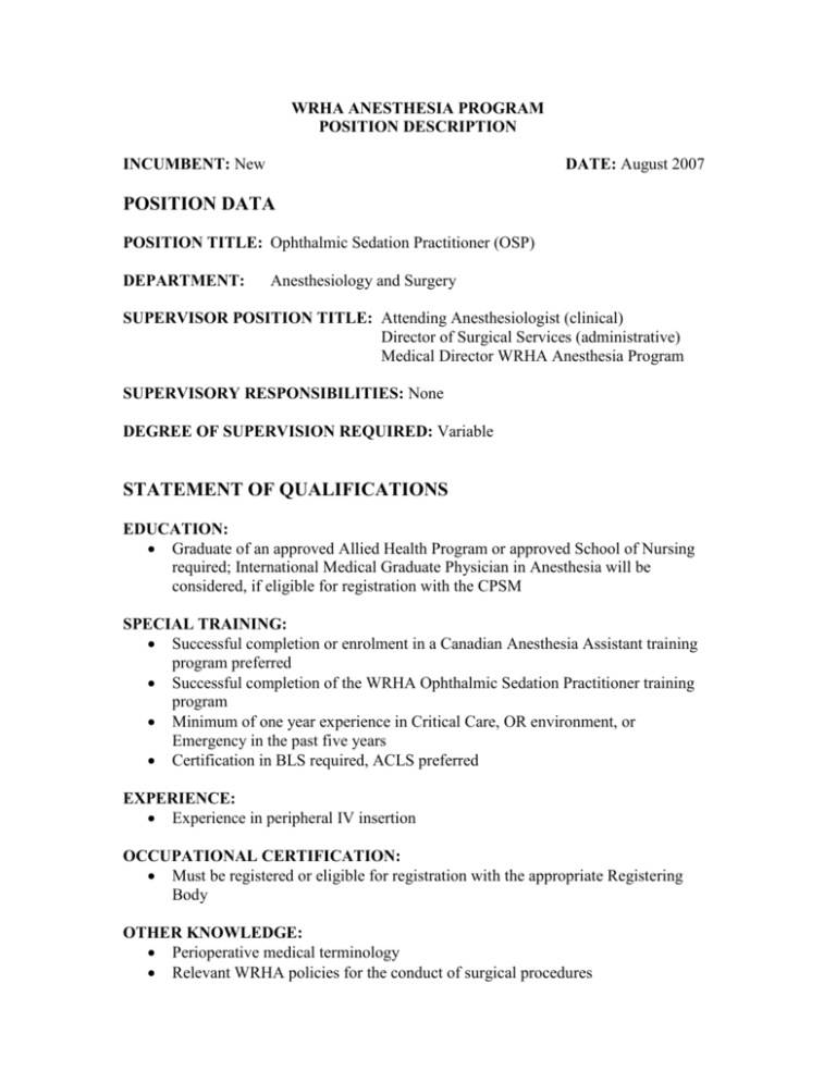 WRHA ANAESTHESIA PROGRAM