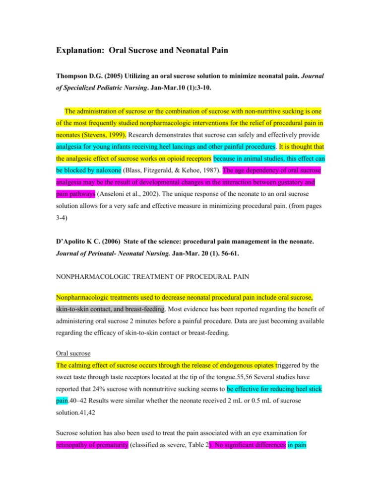 Explanation: Oral Sucrose and Neonatal Pain