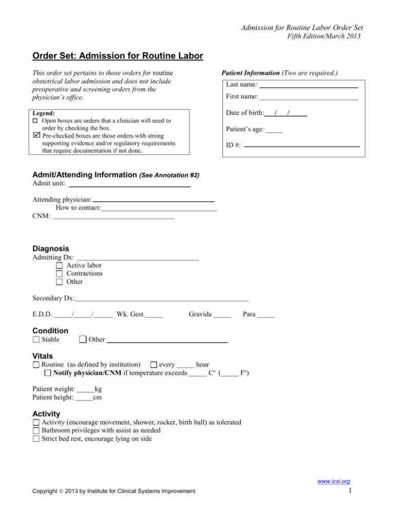 View Admission for Routine Labor Order Set