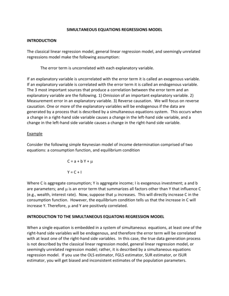 Simultaneous equations regression model