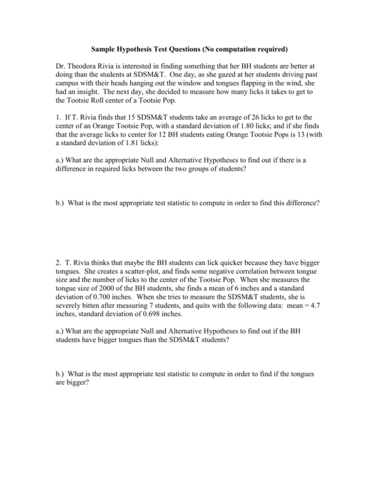 Sample Hypothesis Test Questions (No computation required)