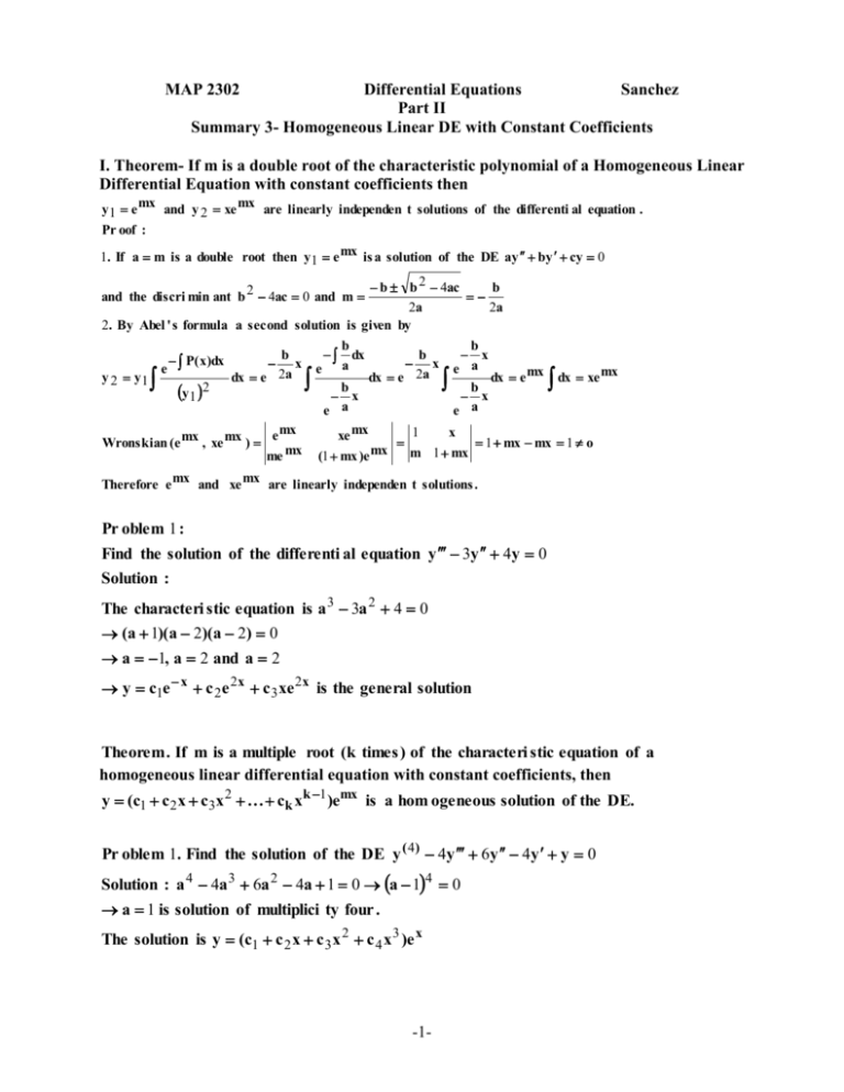 Summary 3 Homogeneous Linear DE With Constant Coefficients Summary 3 Homogeneous Linear DE With Constant Coefficients