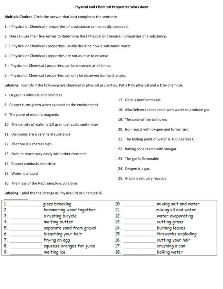 Chemical Vs Physical Properties Worksheet