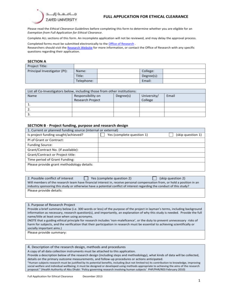 Full Application for Ethical Clearance