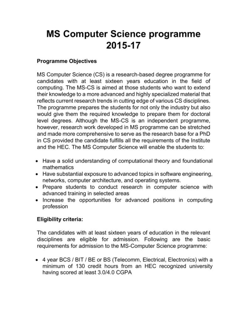 MS Computer Science programme 2015-17