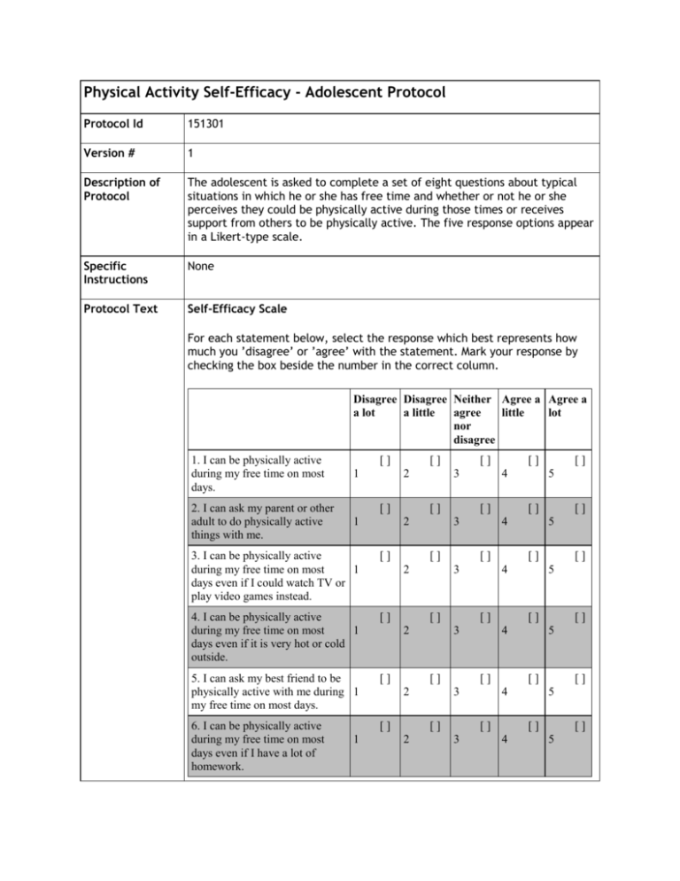 Physical Activity Self-Efficacy - Adult Protocol v1