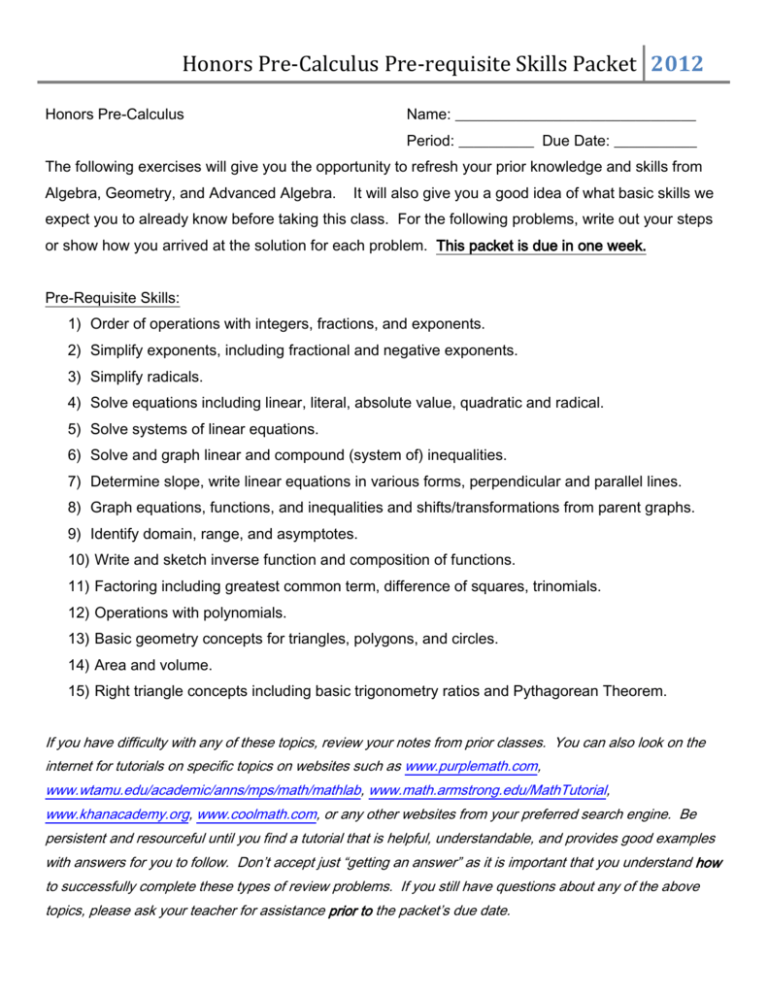 Honors Pre-Calculus Pre-requisite Skills Packet