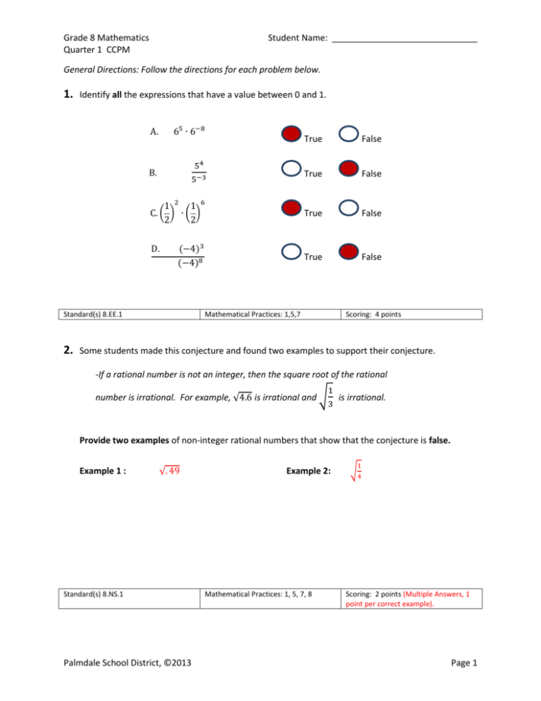 Grade 8 Mathematics Student Name: Quarter 1 CCPM General