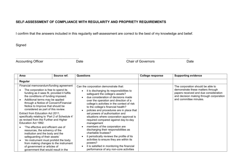 Self Assessment Of Compliance With Regularity And