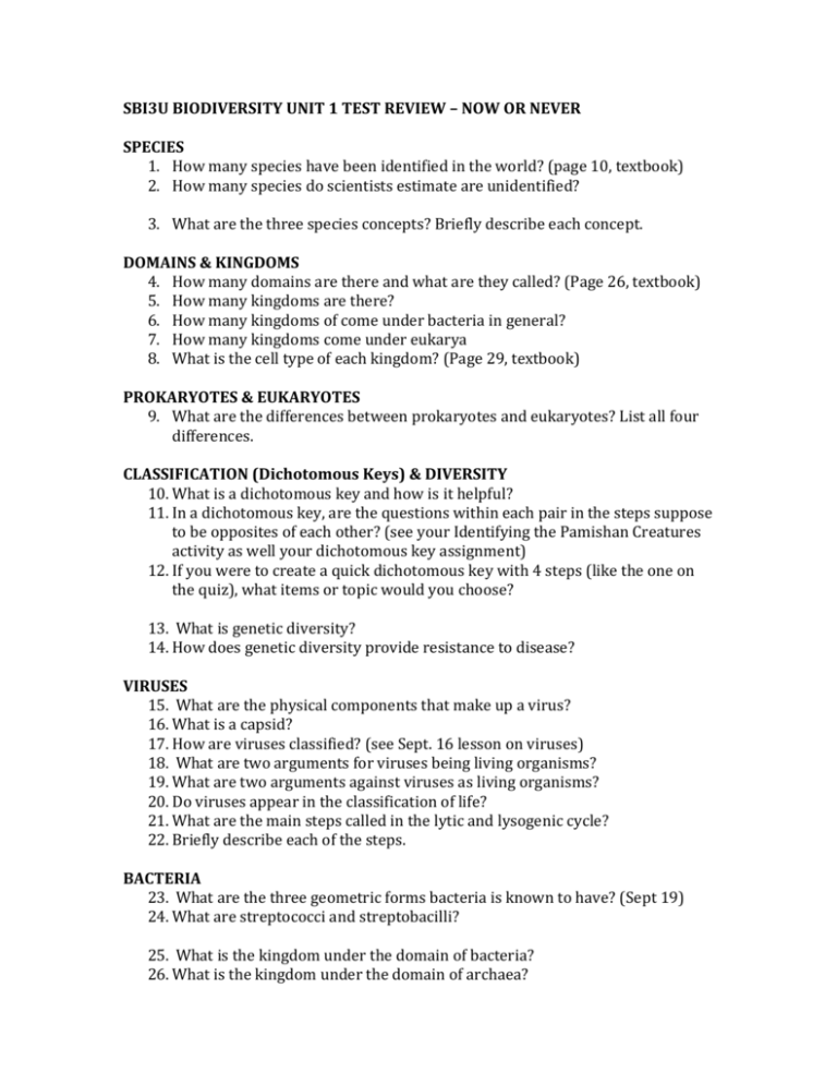 Sept 29 SBI3U BIODIVERSITY UNIT 1 TEST REVIEW