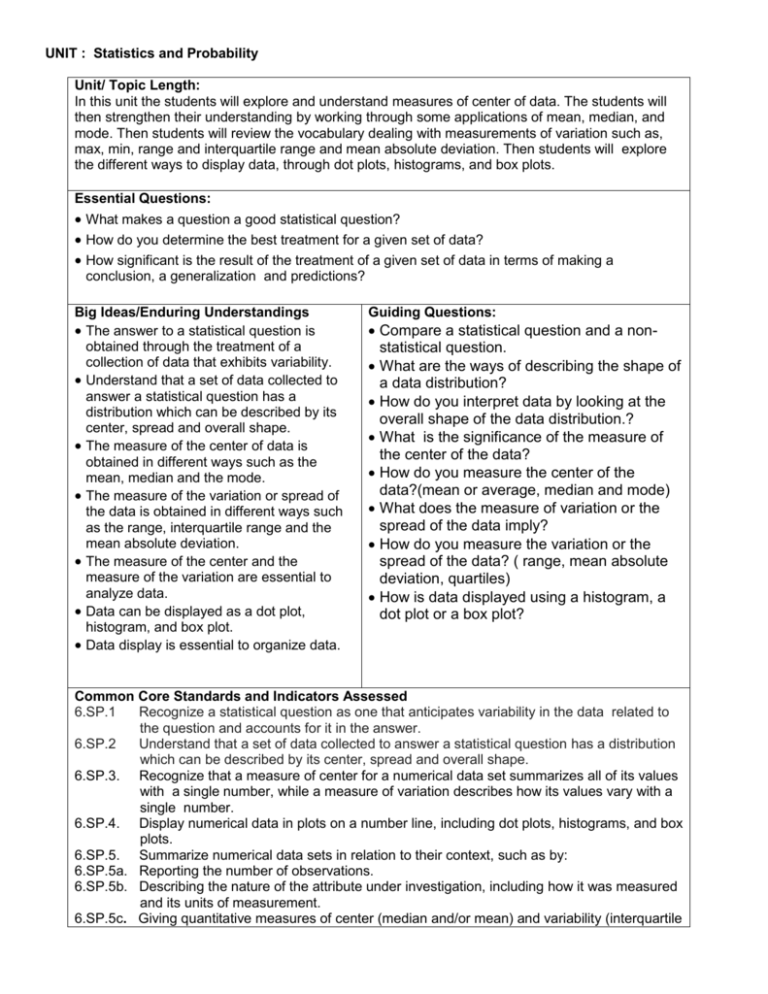 Grade 6 Unit 4 – Statistics and Probability