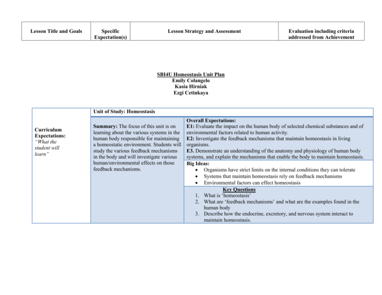 SBI4U Homeostasis - Unit Plan