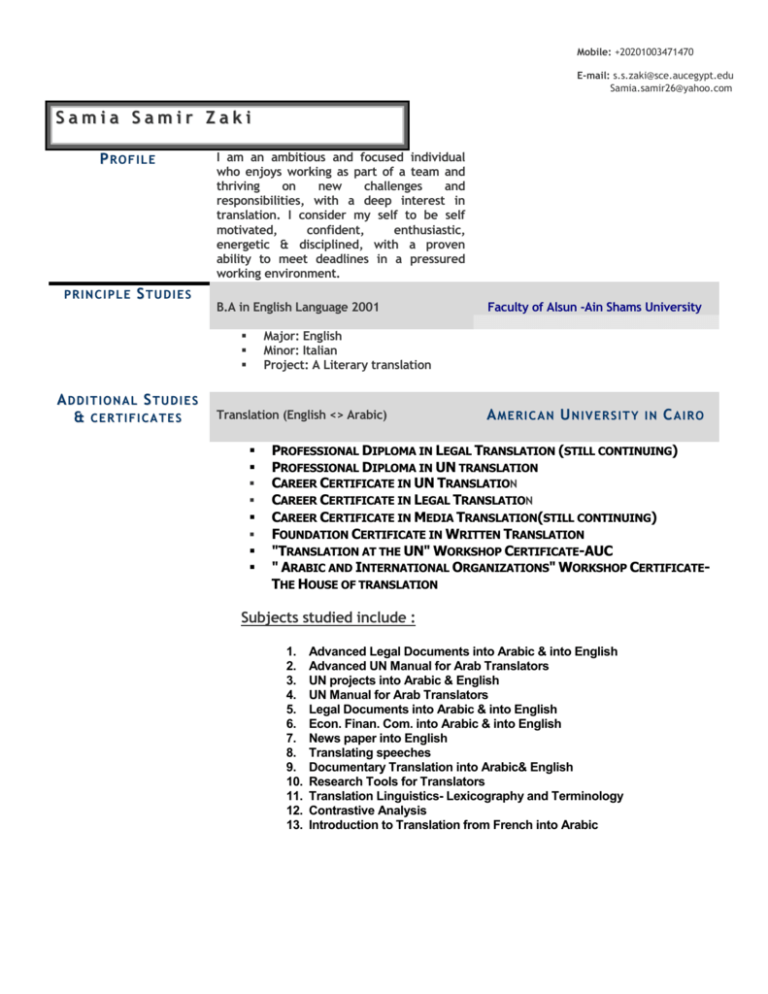 Click Here to Full CV of Samia Zaki