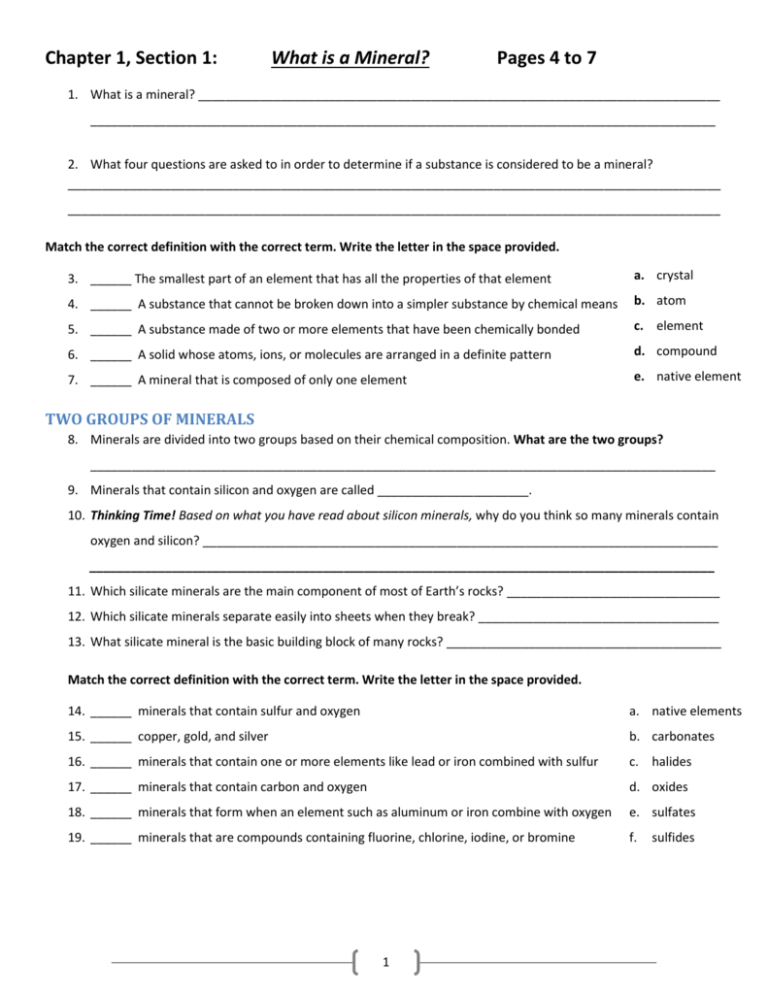 Reading Guide - Minerals and Rocks, Ch.1+2