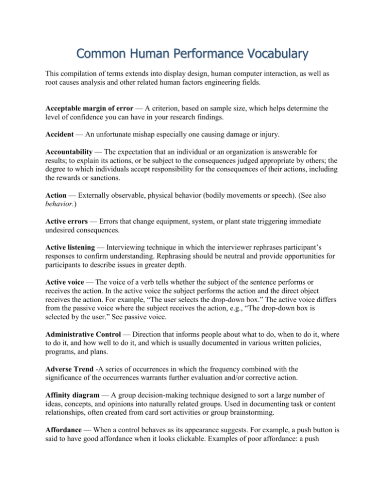 Common Human Performance Vocabulary