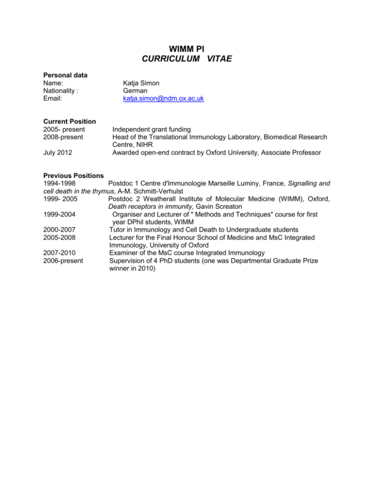 CURRICULUM VITAE - University of Oxford
