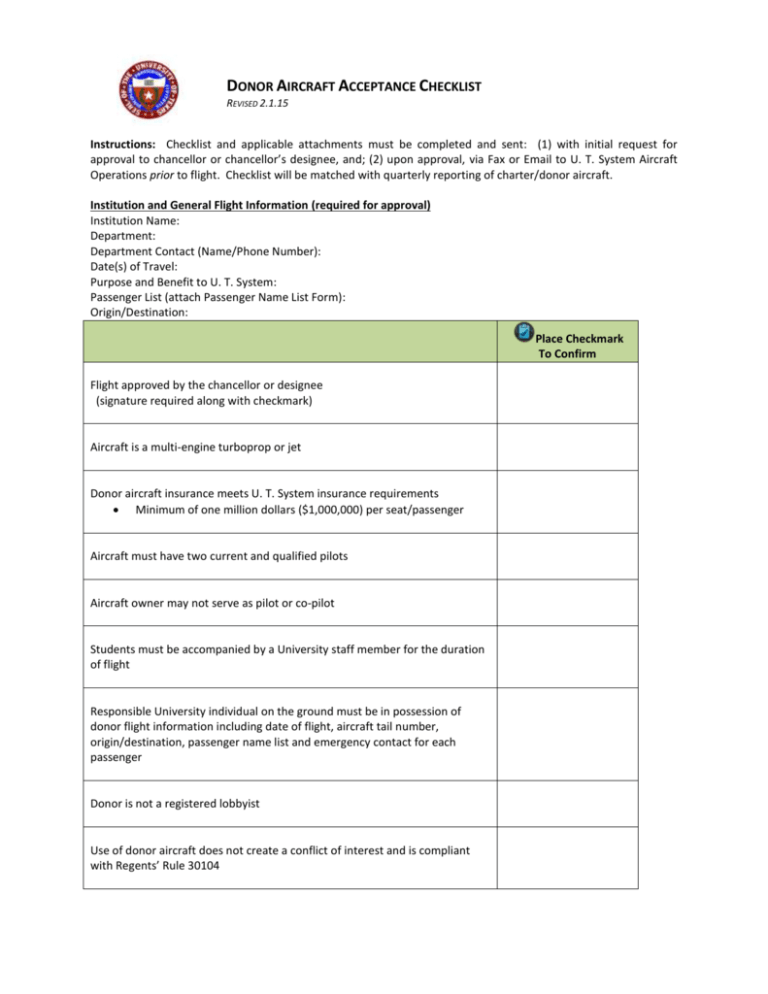 Donor Aircraft Acceptance Checklist