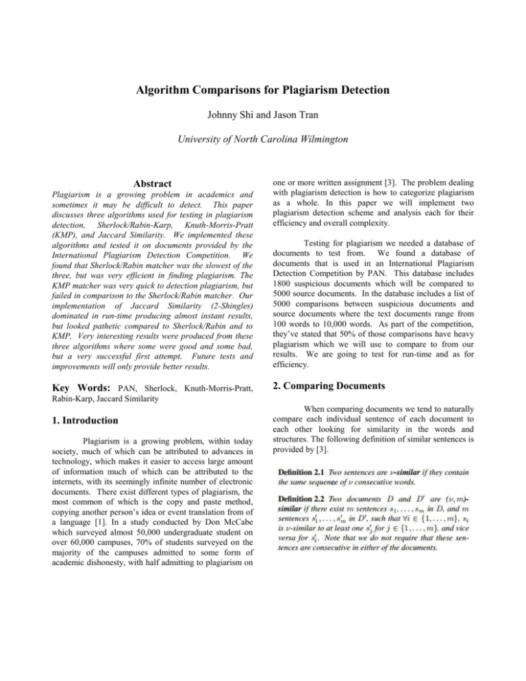 Algorithm Comparisons for Plagiarism Detection Algorithm Comparisons for Plagiarism Detection