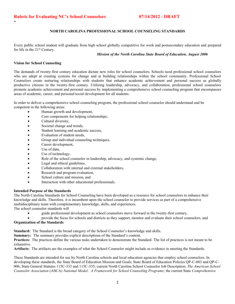 Counselors rubric for NCSBE