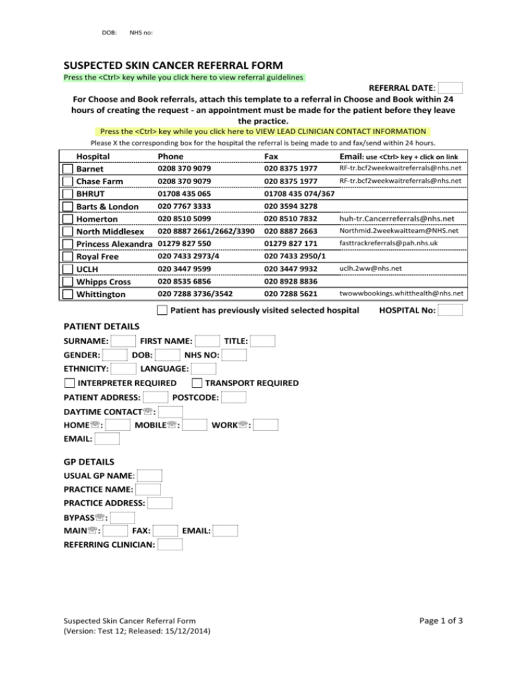 Skin 2WW Referral Form London Cancertest Version 12