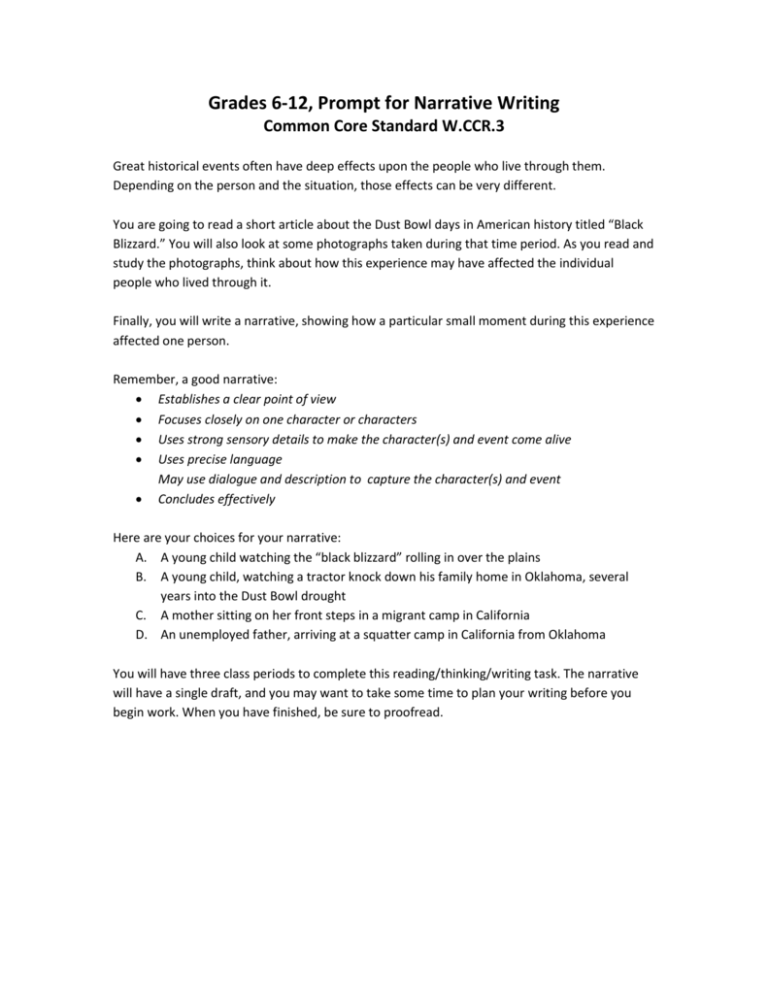Grades 6-12, Prompt for Narrative Writing