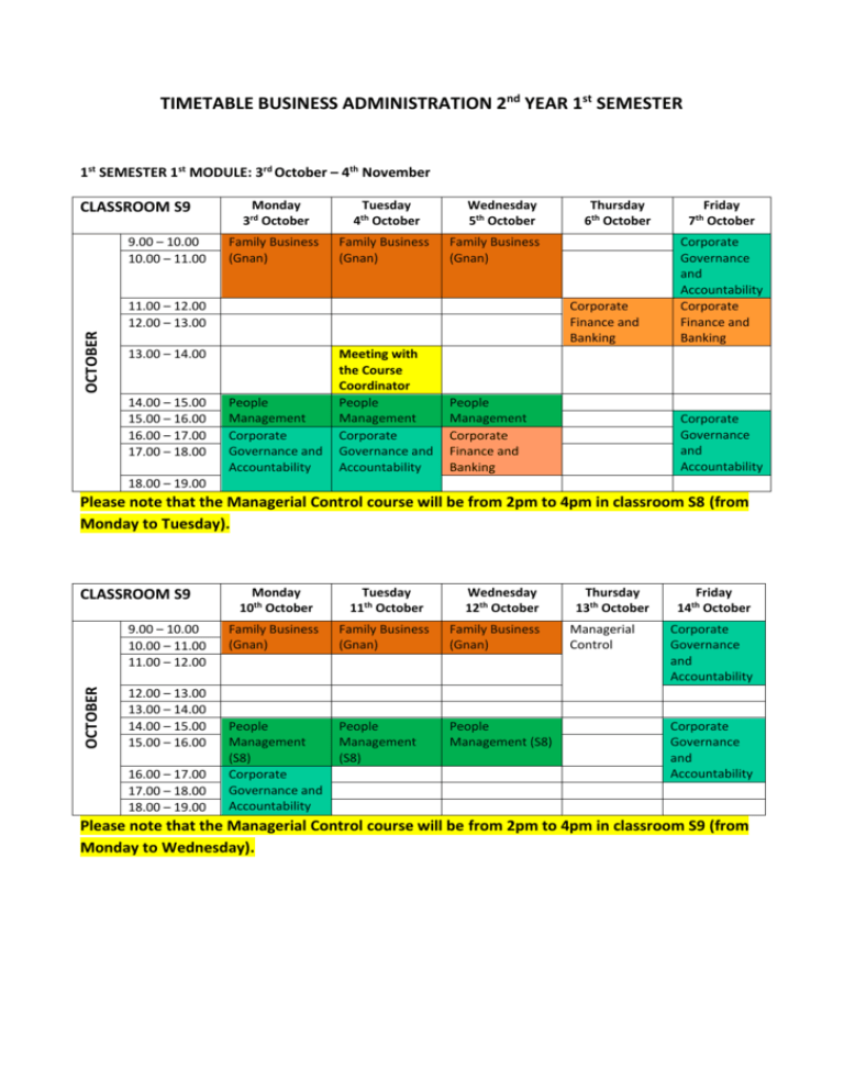 TIMETABLE BUSINESS ADMINISTRATION 2nd YEAR 1st SEMESTER