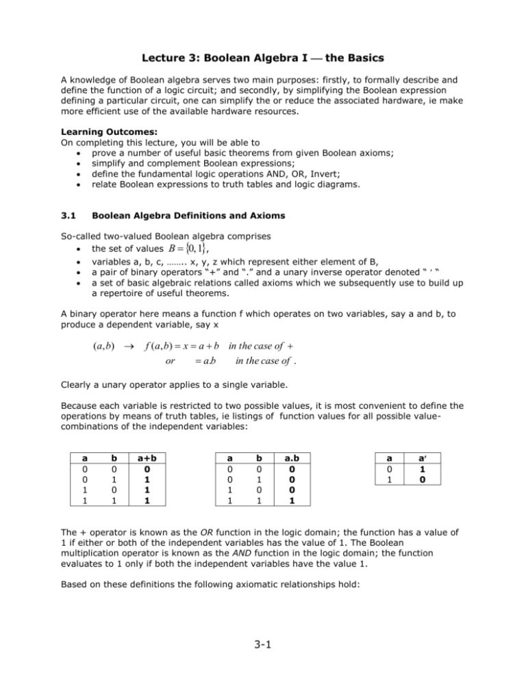 Lecture 3 Boolean Algebra I The Basics