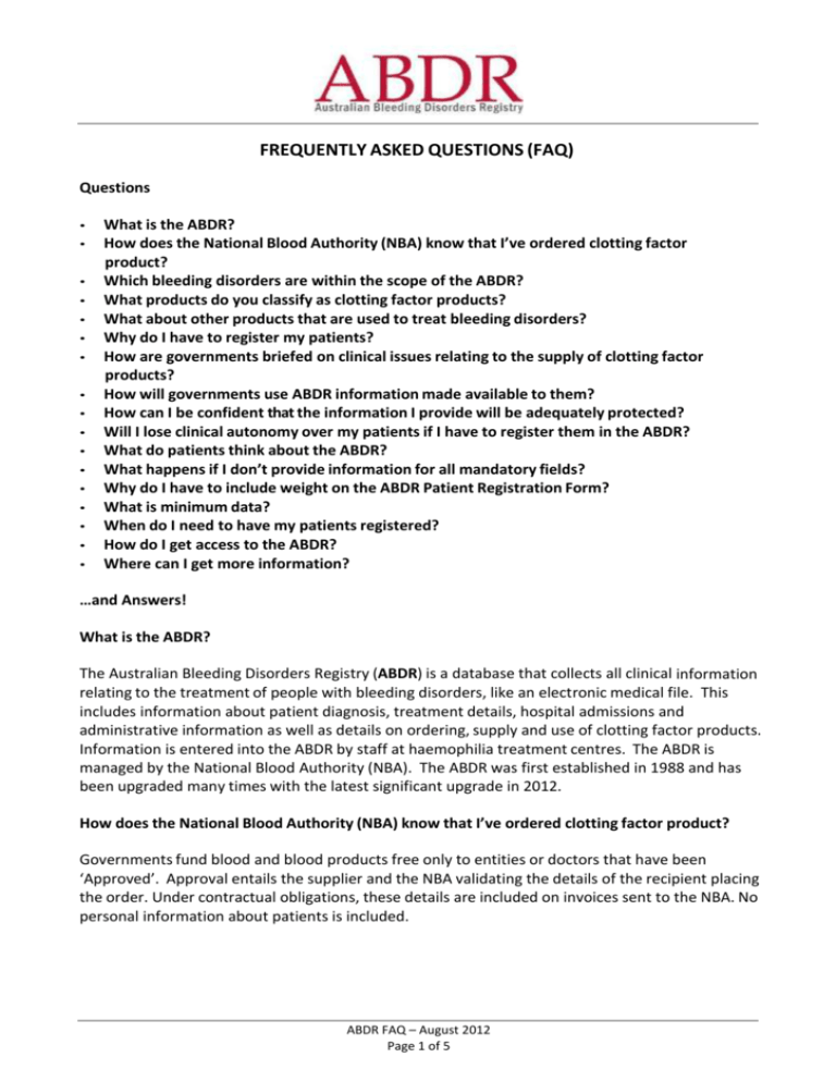ABDR - Frequently Asked Questions