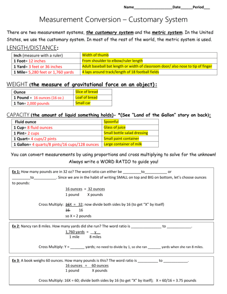 Measurement Conversion – Customary System