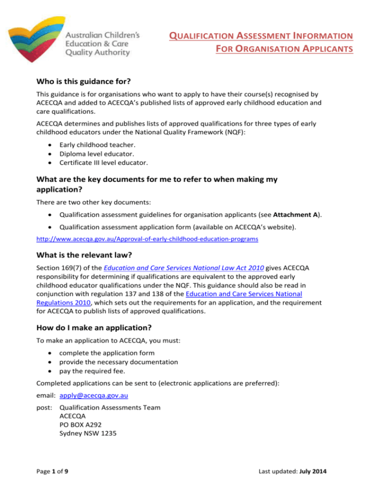 Qualification Assessment Information For Organisation