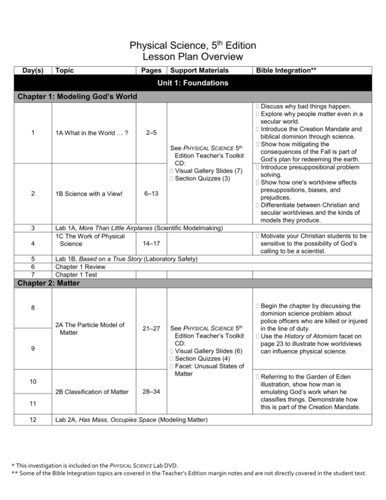 Physical Science, 5th ed. Lesson Plan Overview