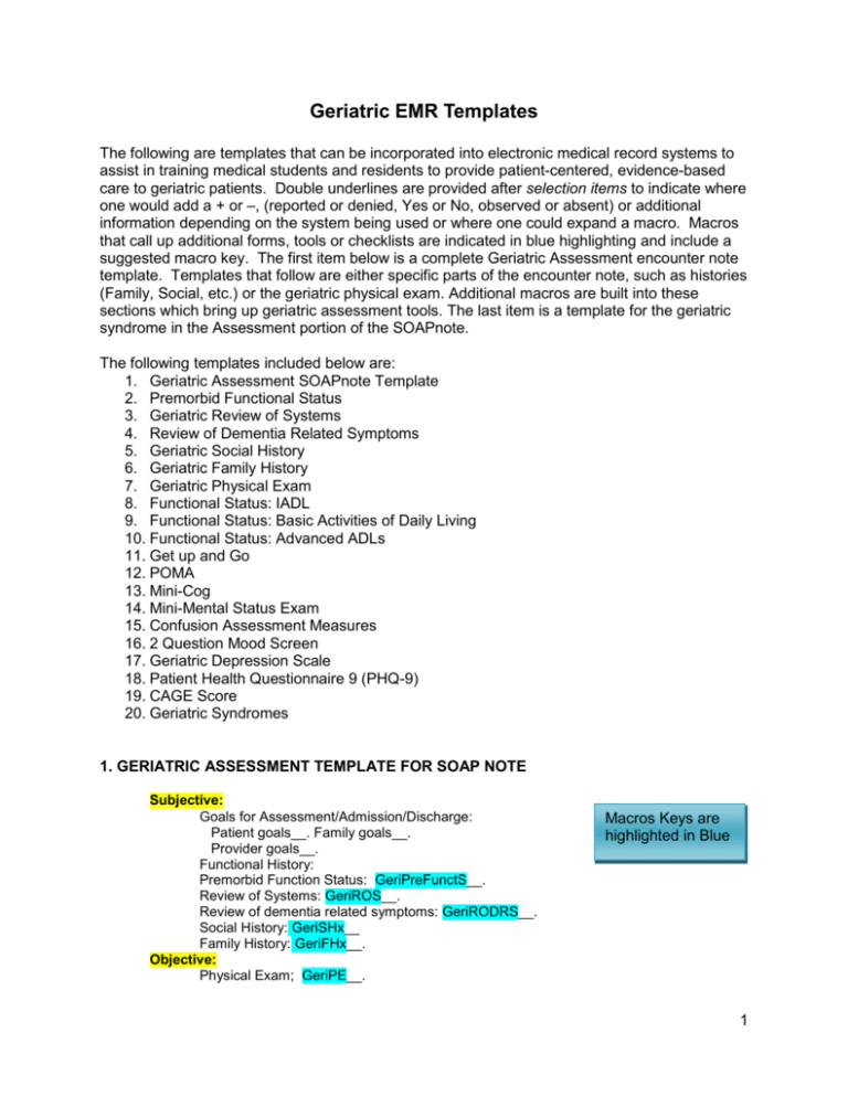 Geriatric Templates for the EMR