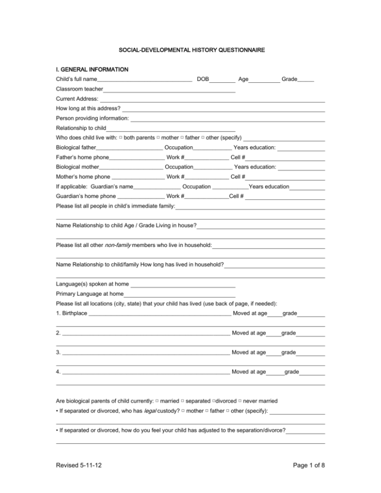 SOCIAL-DEVELOPMENTAL HISTORY QUESTIONNAIRE