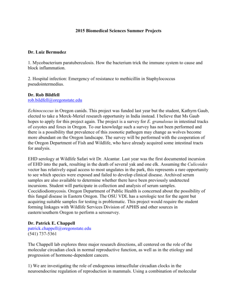 2015 Biomedical Sciences Summer Projects