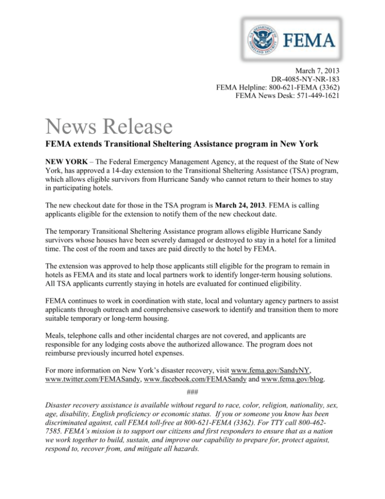 FEMA extends Transitional Sheltering Assistance program in