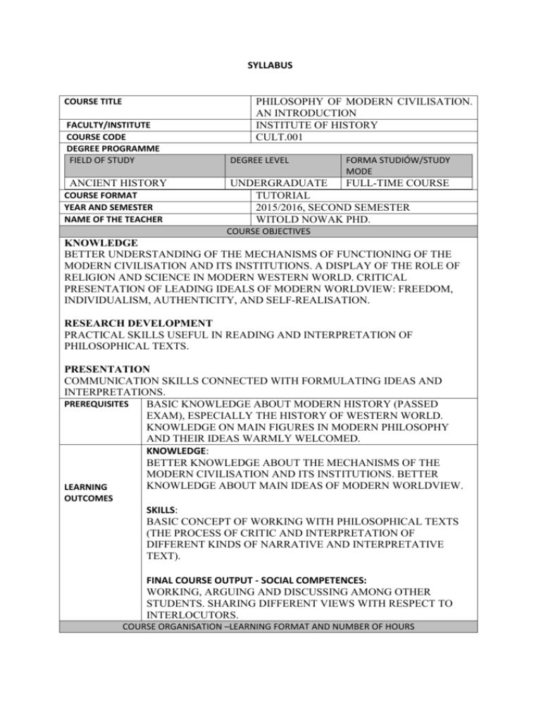SYLLABUS COURSE TITLE PHILOSOPHY OF MODERN