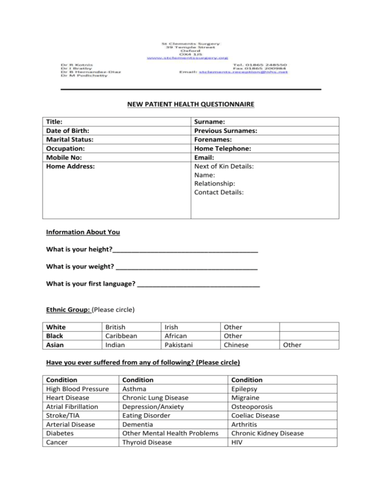 New Patient Health Questionnaire 2015