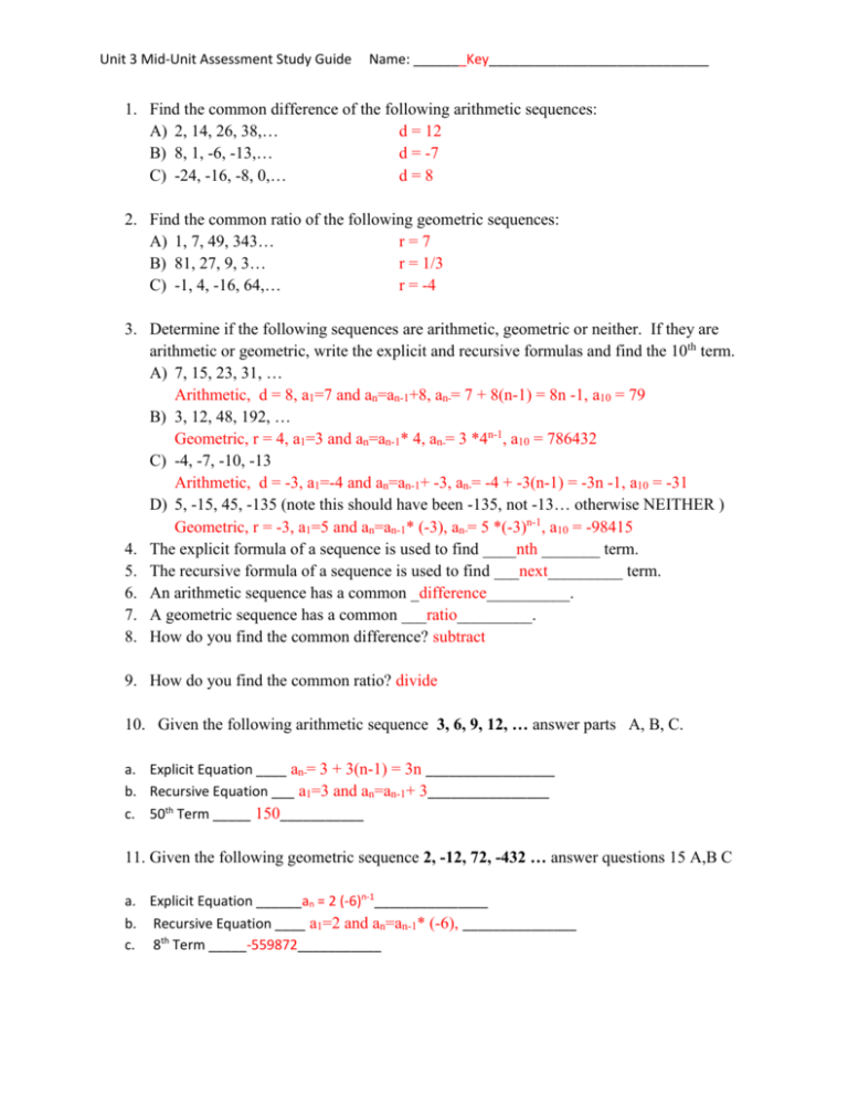 Unit 3 Mid-Unit Assessment Study Guide Name