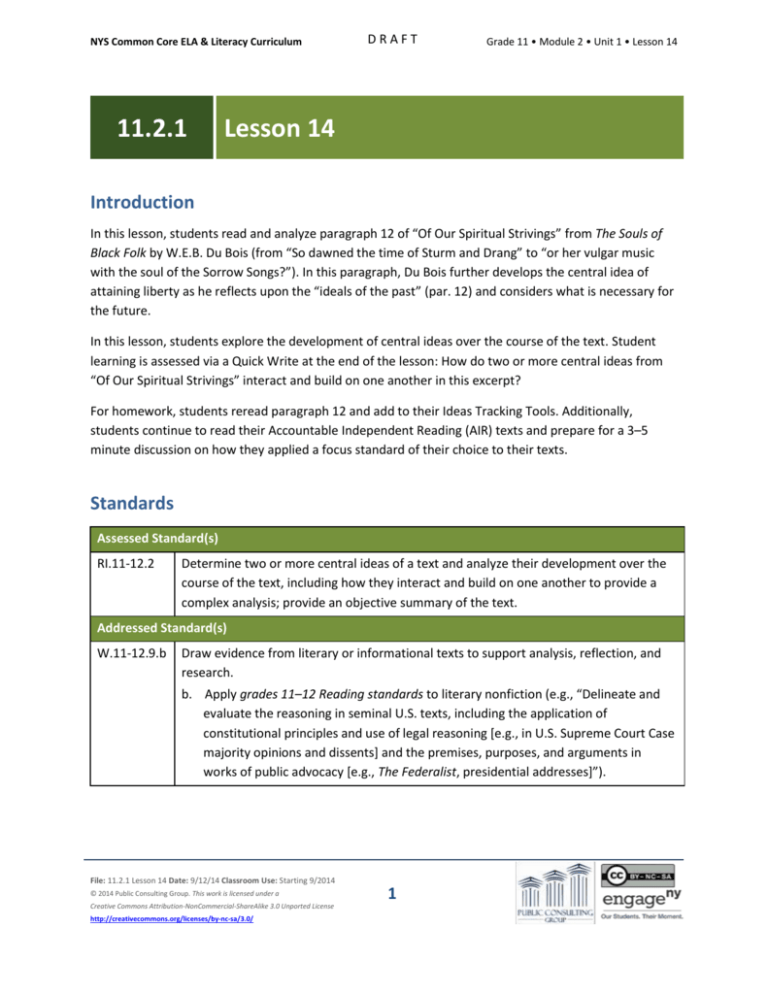 Grade 11 ELA Module 2, Unit 1, Lesson 14