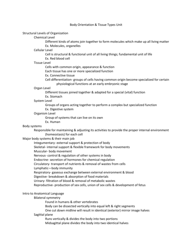 Body Orientation & Tissue Types Unit Structural Levels of