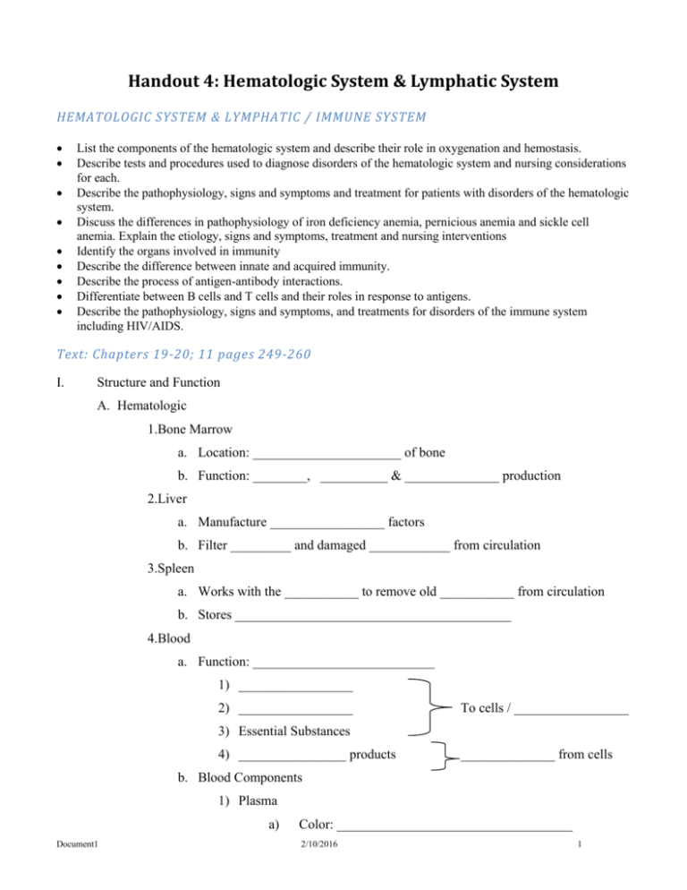 Lecture 4 Handout: Hematology / Immunology
