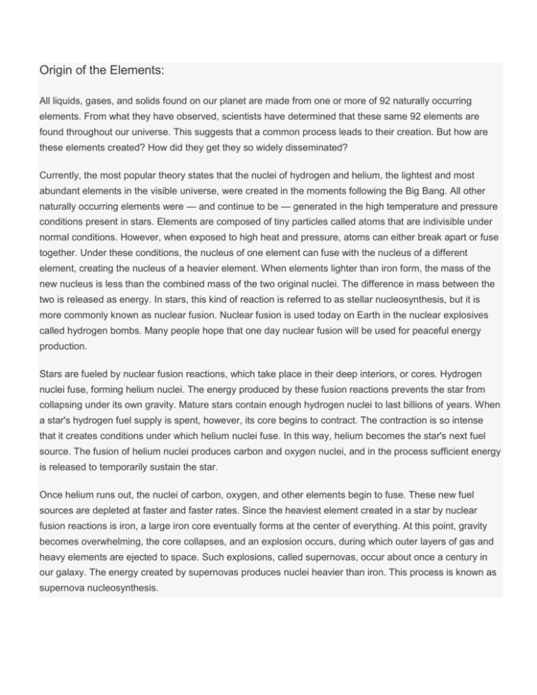 Origin of the Elements Write Up