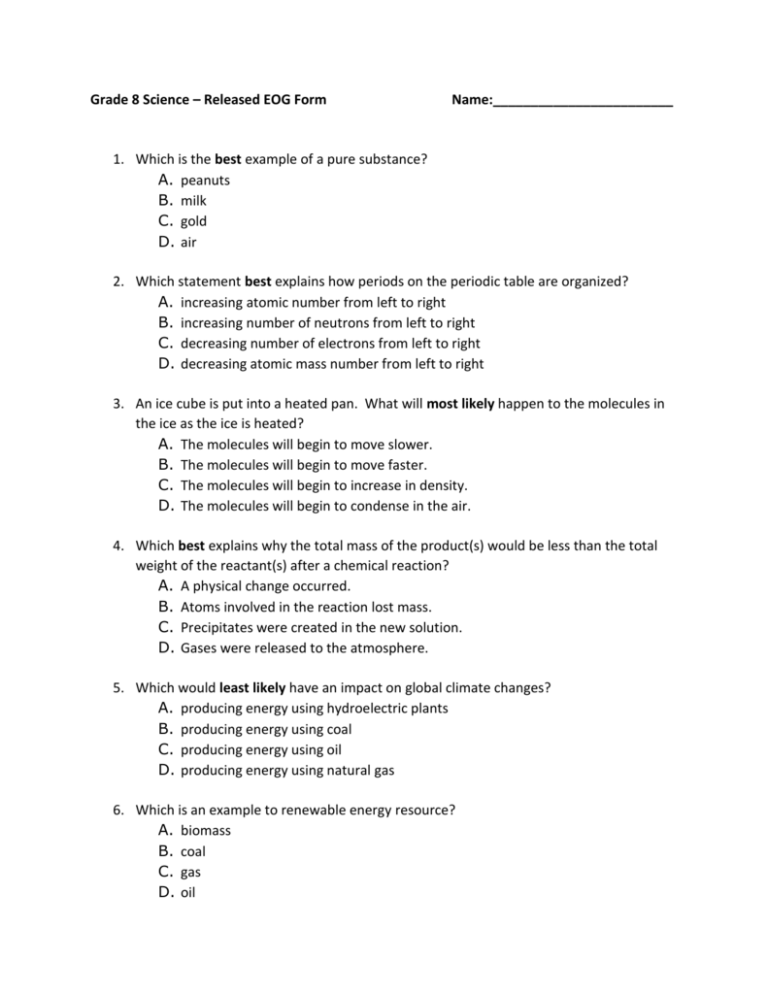 Grade 8 Science Released EOG Form Name Which Is The Best Grade 8 Science Released EOG Form Name Which Is The Best