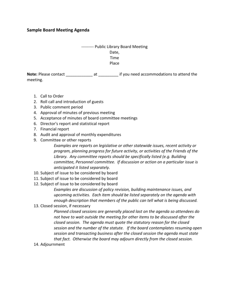 Sample Board Meeting Agenda and Documents