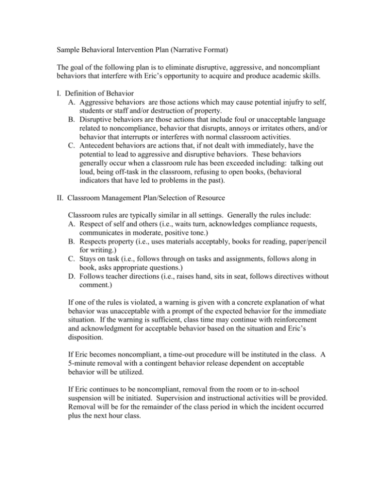 Sample Behavioral Intervention Plan (Narrative Format)