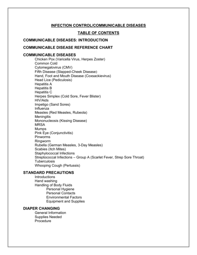 INFECTION CONTROL/COMMUNICABLE DISEASES TABLE OF